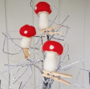 Set of 3 Nordic felt wool red toadstools on wooden peg by Gisela Graham ...