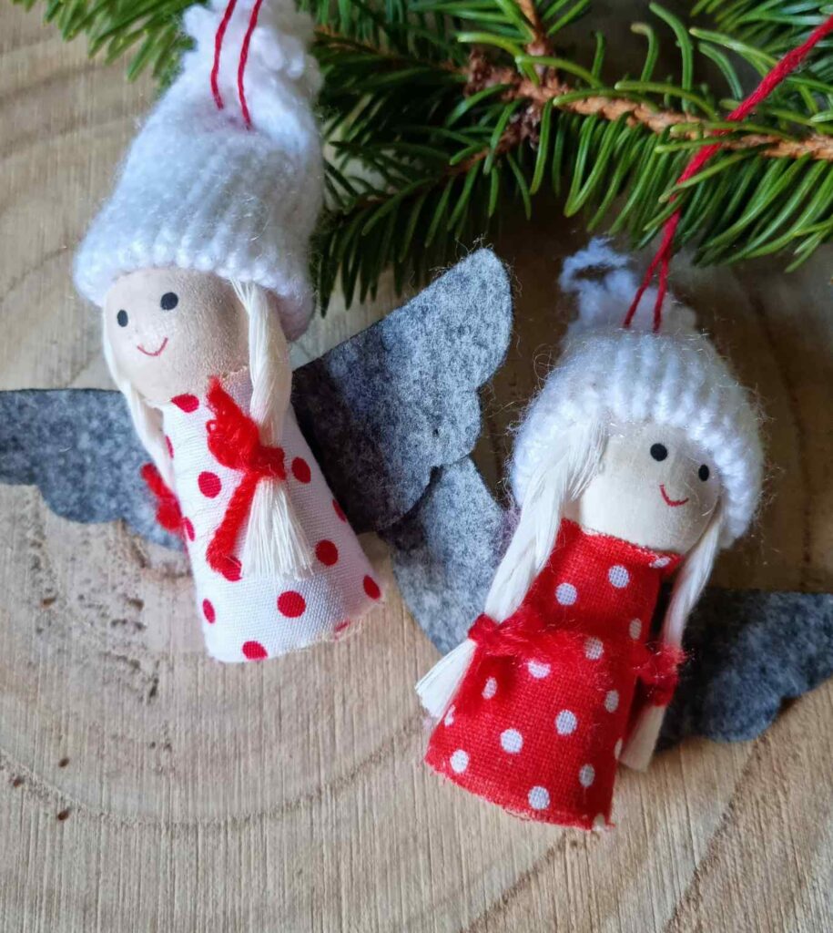 Set of 2 Scandinavian felt/wood angels with polka dot dresses and grey ...