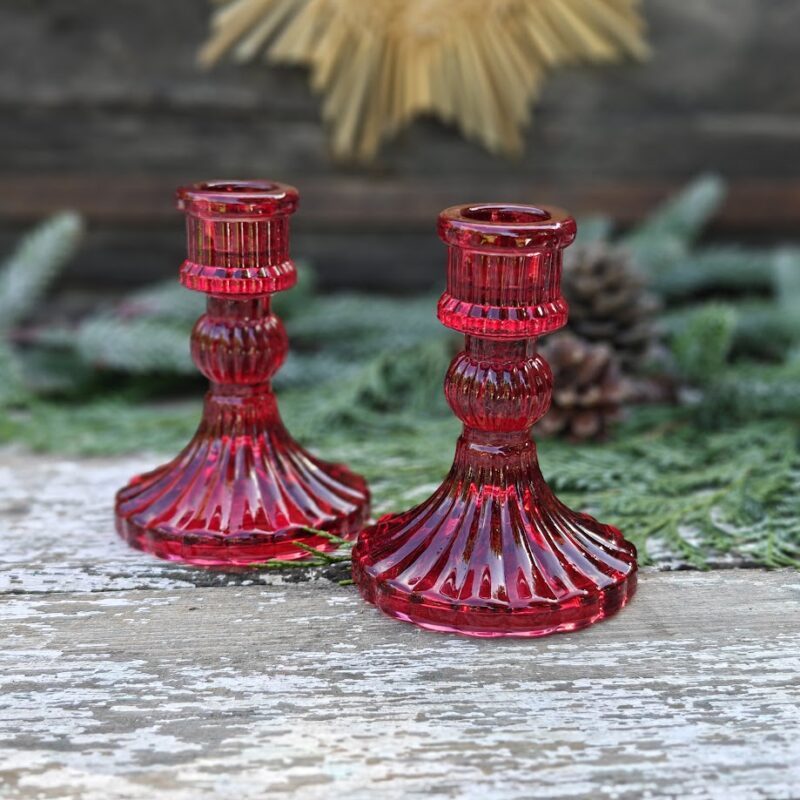 Set of 2 cranberry red glass taper candle sticks 10cms by Gisela Graham ...