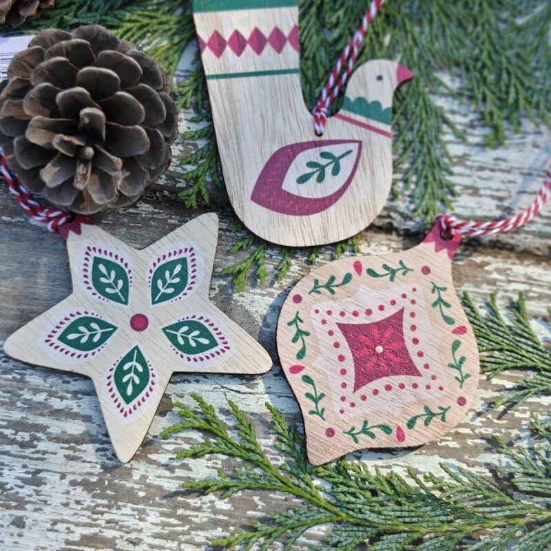 Set of three wooden Alpine folk art bird, star and bauble Scandi ...