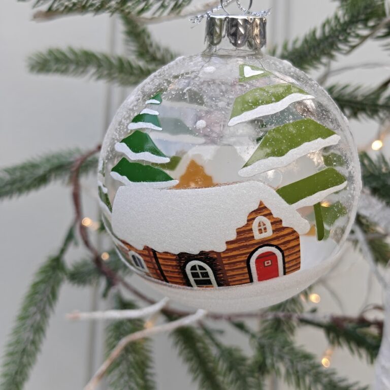White snowy Forest Cabin Scandi Christmas scene clear glass bauble ...